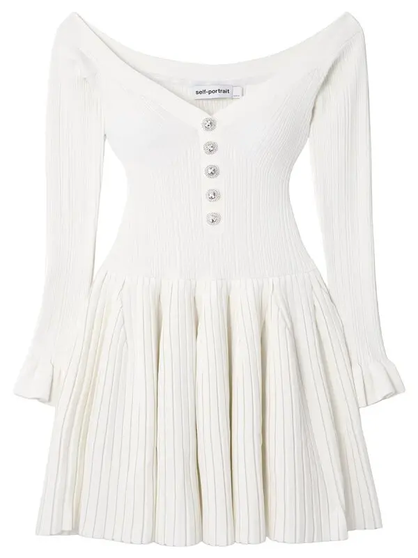 SELF-PORTRAIT Off-the-shoulder Pleated Ribbed-knit Mini Dress - White