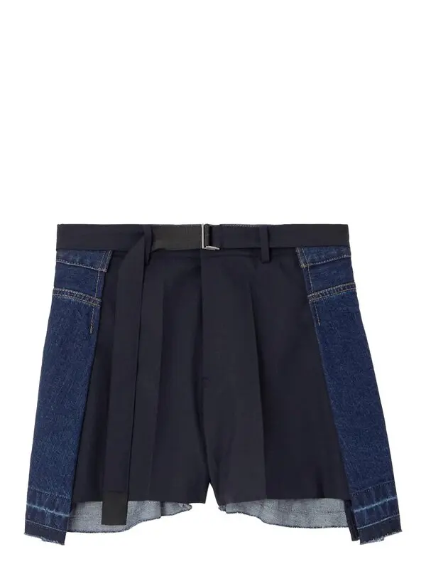 Sacai Belted Pleated Denim And Shell Shorts - Blue