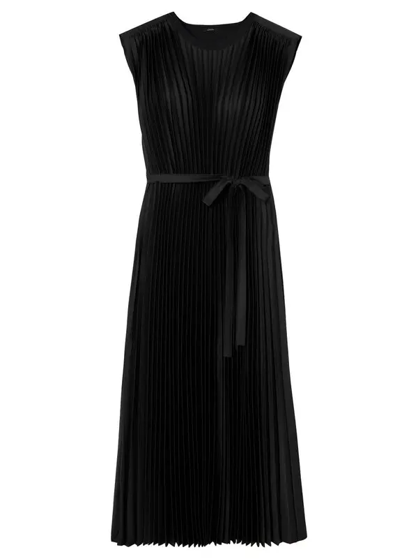 JOSEPH Volta Belted Plissé Satin Midi Dress - Black