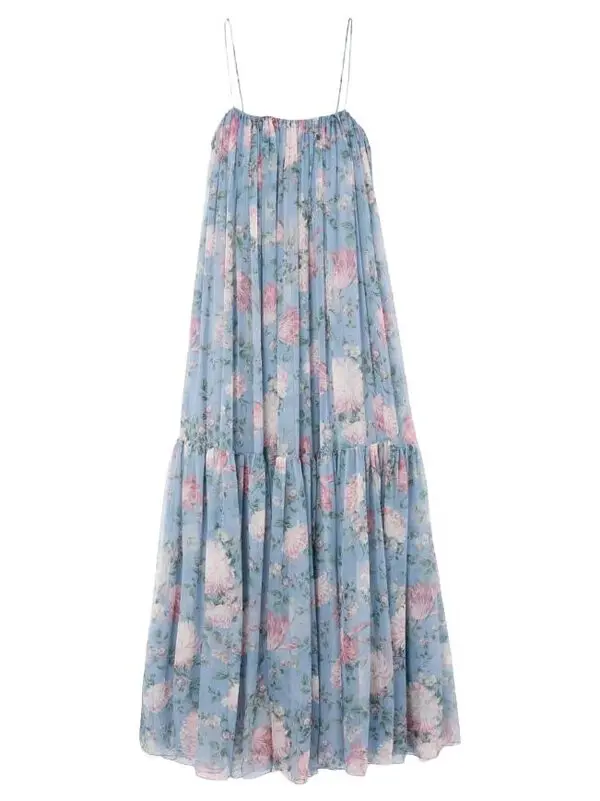 Chloé Gathered Floral-print Silk Maxi Dress - Blue