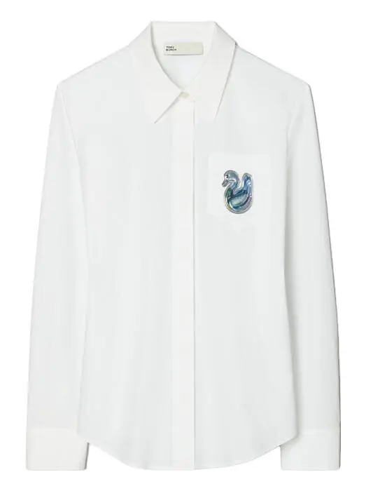 Tory Burch Cotton Poplin Button Down With Duck Applique - White