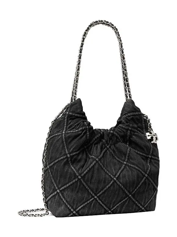 Tory Burch Mini Fleming Soft Denim Hobo Bag - Black