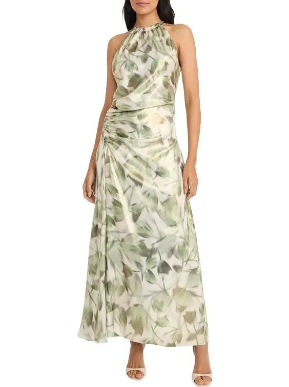Maggy London Ruched Halter Neck Satin Gown - Ivory/ Green