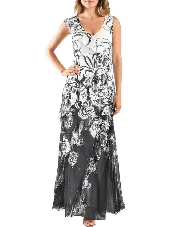 Komarov Ruffle Chiffon Maxi Dress - Ebony Border