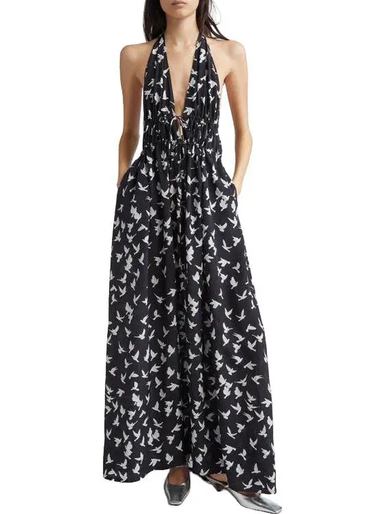 Stella McCartney Mini Birds Halter Neck Silk Crêpe De Chine Maxi Dress - Black