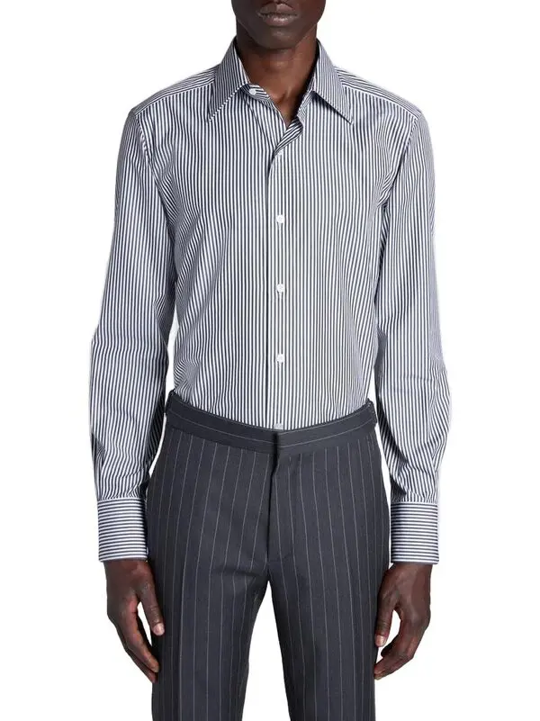 TOM FORD Stripe Cotton Blend Button-up Shirt - White/ Black