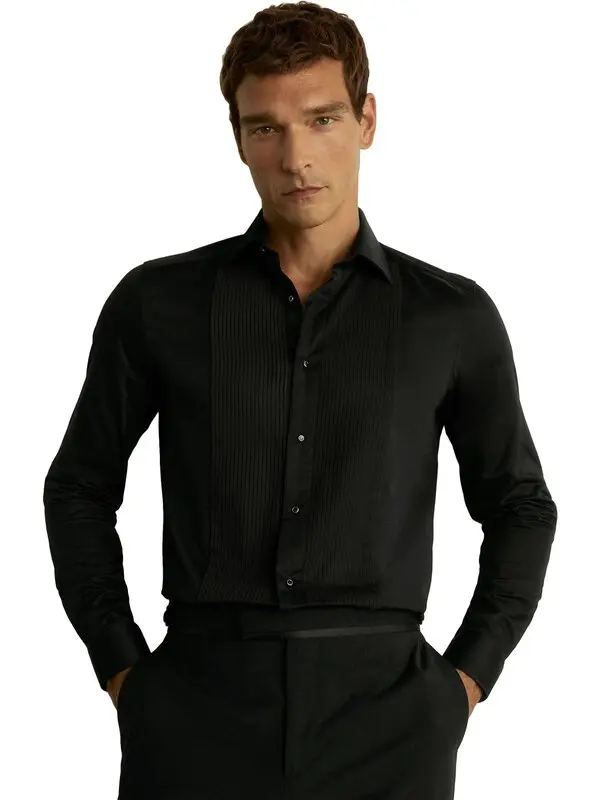 REISS Marcel Regular Fit Cotton Marcella Tuxedo Shirt - Black