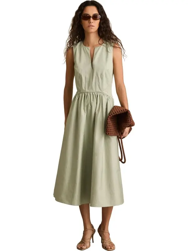 REISS Liza Cotton Corset Midi Dress - Sage