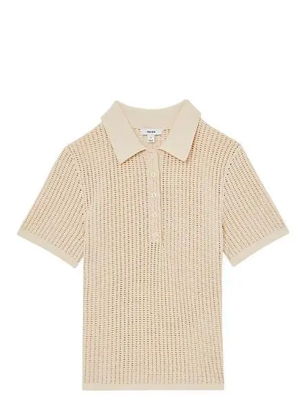 REISS Evi Open-knit Polo Shirt - Ivory