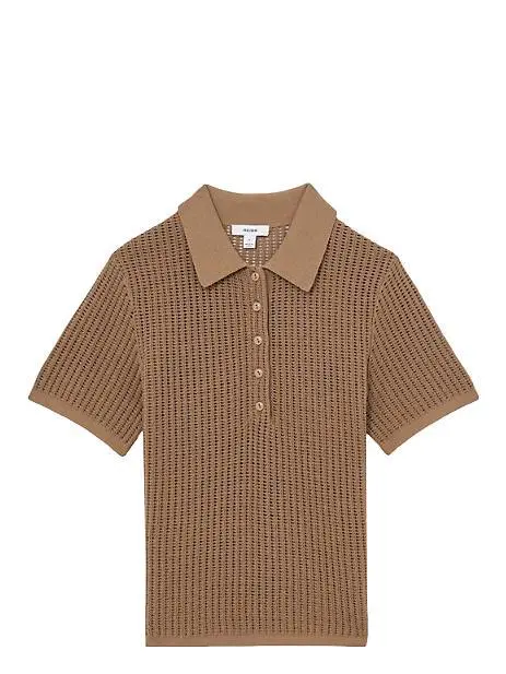 REISS Evi Open-knit Polo Shirt - Tan