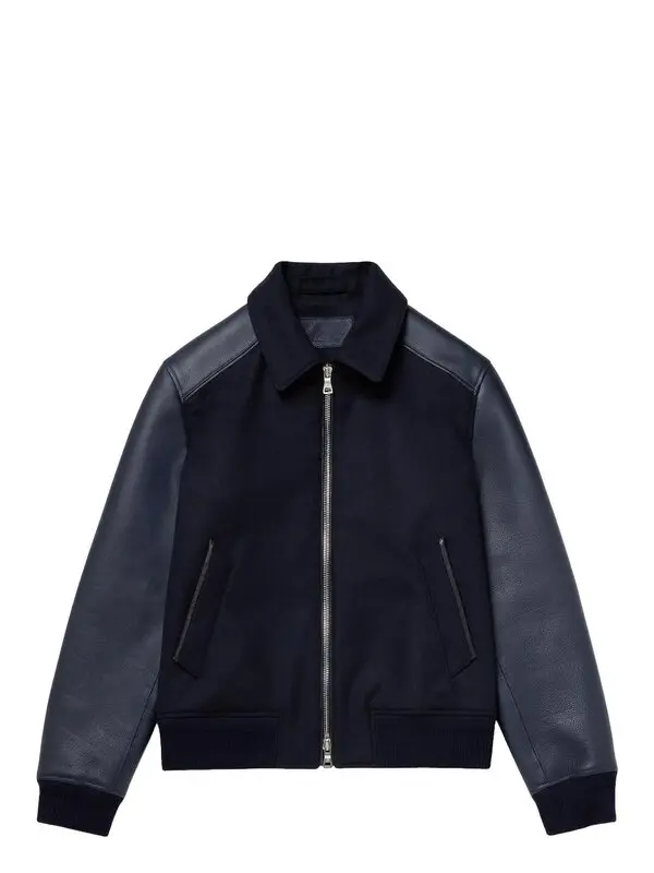 Mr P. Panelled Ribbed Wool And Textured-leather Varsity Jacket - Blue