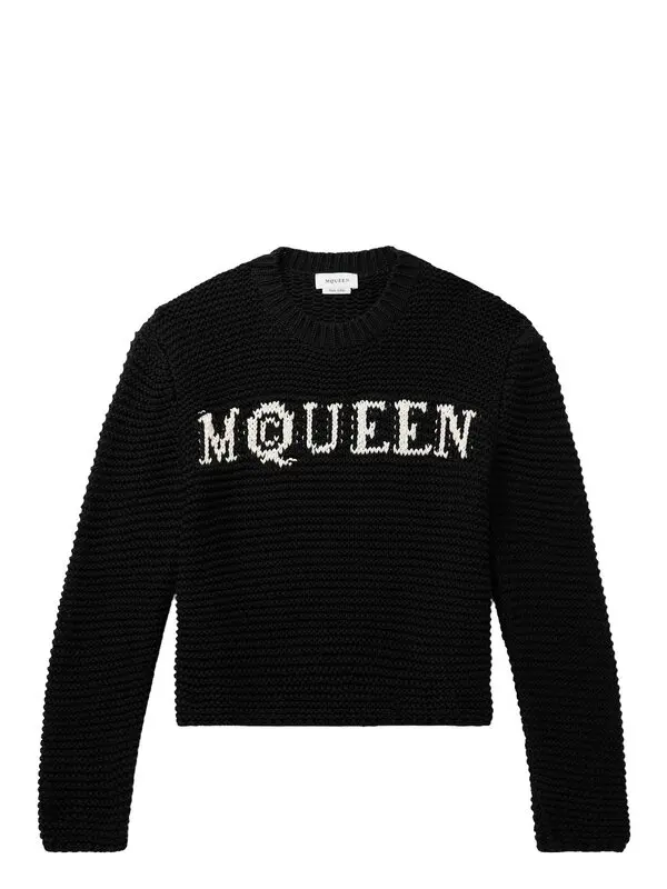 Alexander McQueen Cropped Ribbed Logo-jacquard Cotton Sweater - Black