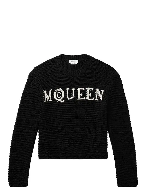 Alexander McQueen Cropped Ribbed Logo-jacquard Cotton Sweater - Black