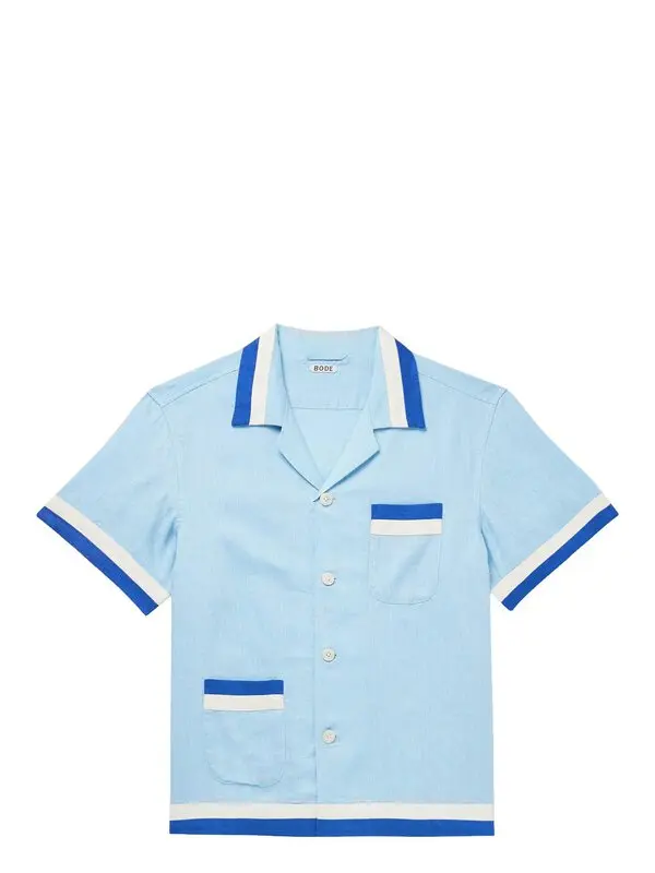 BODE Seedling Stripe Camp-collar Appliquéd Linen Shirt - Blue
