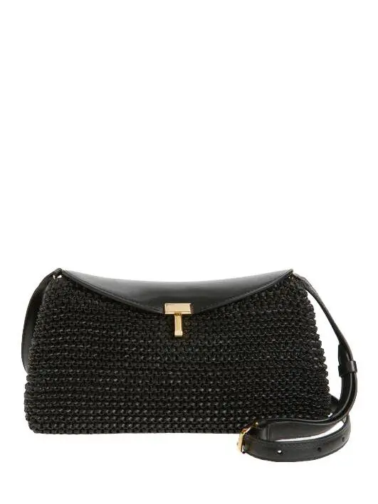 TOTÊME T-lock Top Handle Woven Leather Clutch - Black