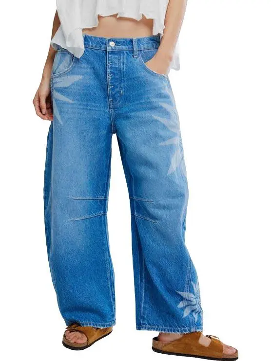 Free People Floral Print Barrel Jeans - Sun Fade Laser - Fad