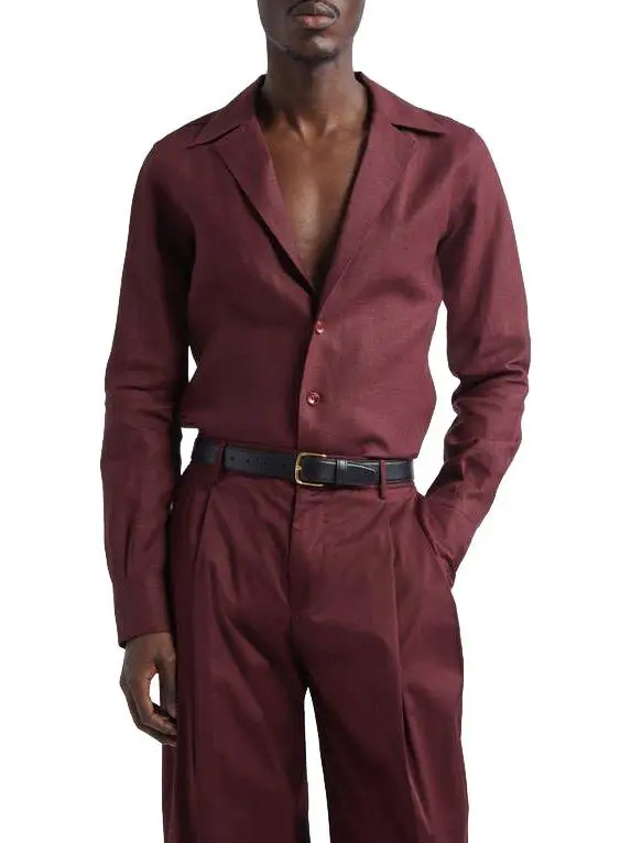 Dolce & Gabbana Deep V Linen Button-up Shirt - M5039 Brown Dark Violet