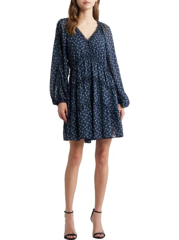 Chelsea28 Tiered Ruffle Long Sleeve Chiffon Dress - Navy-beige Donna Floral