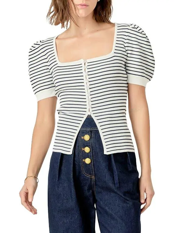 English Factory Square Neck Stripe Button-front Shirt - Navy/ White