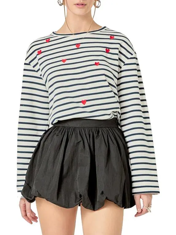 English Factory Heart Embroidered Stripe Cotton Top - White/ Navy