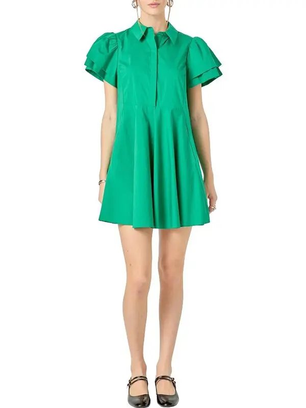 English Factory Ruffle Sleeve Mini Shirtdress - Green