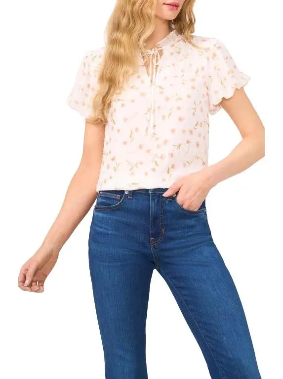 CECE DUPRAZ Floral Clip Dot Blouse With Bubble Sleeves - New Ivory