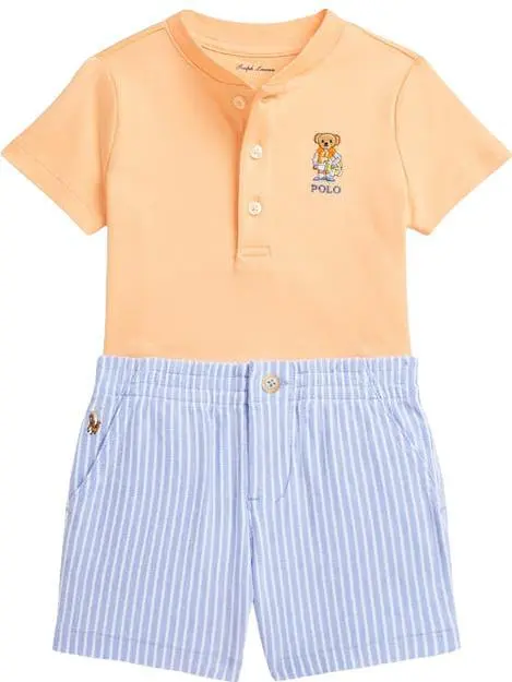 Ralph Lauren Embroidered Cotton Henley T-shirt & Stripe Shorts Set - Soft Creamsicle