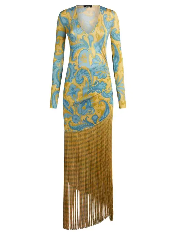 Etro Fringed Jacquard Dress - Blue