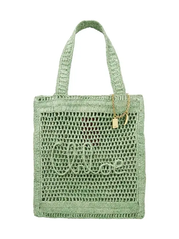 Chloé Summer Banana Embellished Crocheted Embroidered Faux Raffia Tote - Green