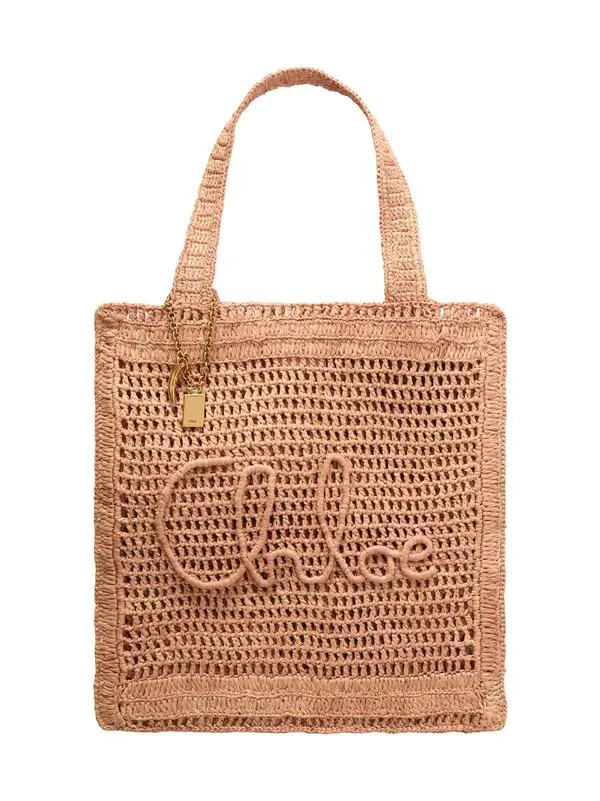 Chloé Summer Banana Embellished Crocheted Embroidered Faux Raffia Tote - Pink