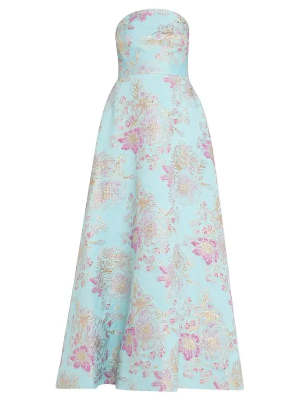 Rickie Freeman For Teri Jon Strapless Floral Jacquard Gown - Light Blue Multi