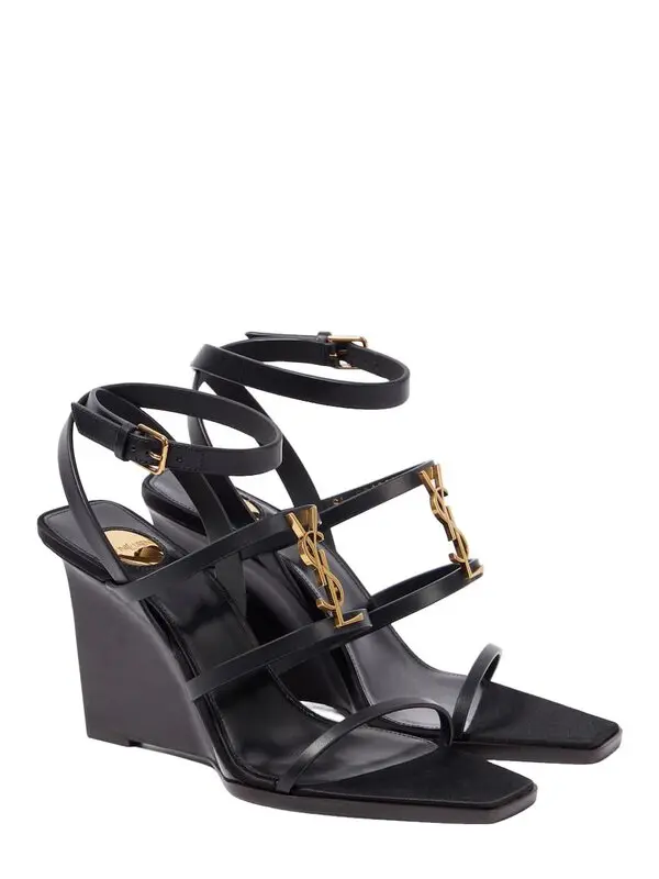 Saint Laurent Cassandra 90 Leather Wedge Sandals - Black