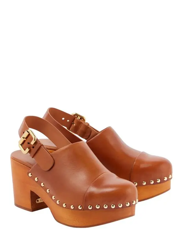 Chloé Jeannette Leather Wedge Clogs - Brown