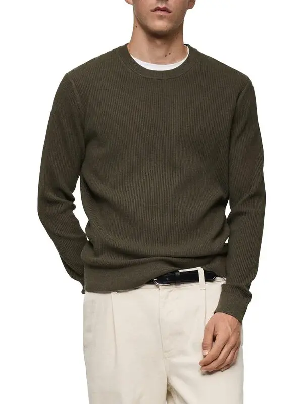 Mango Ribbed Crewneck Sweater - Khaki Green