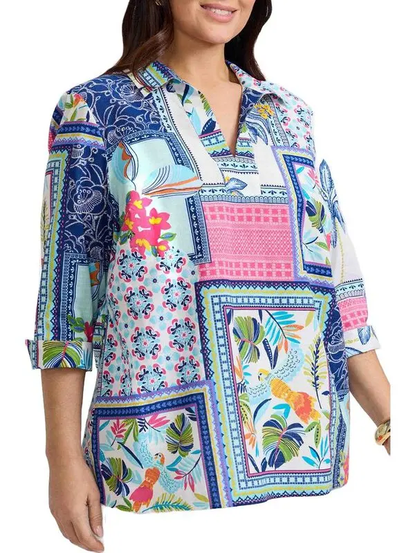Foxcroft Julia Print Popover Shirt - Blue Multi