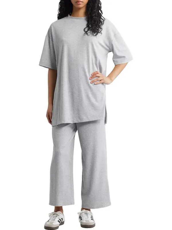 DRESSED IN LALA Ribbed Oversized T-shirt And Crop Pants Set - Heather Grey