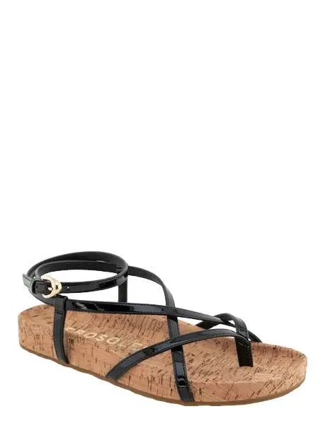 Aerosoles Leera Ankle Strap Flat Sandal - Black Faux Leather/ Cork