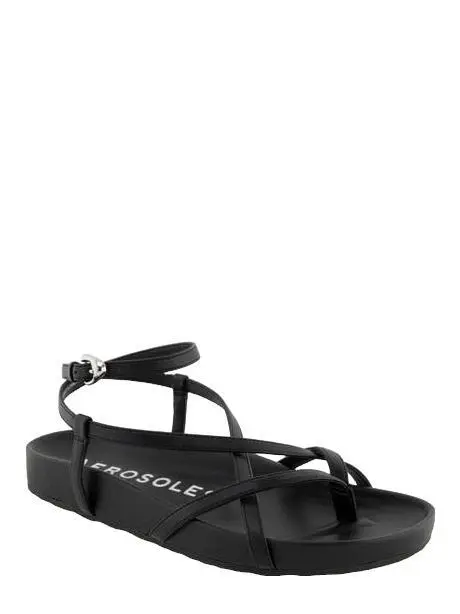 Aerosoles Leera Ankle Strap Flat Sandal - Black Faux Leather