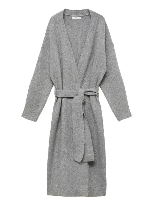 Mango Longline Tie Belt Cardigan - Grey