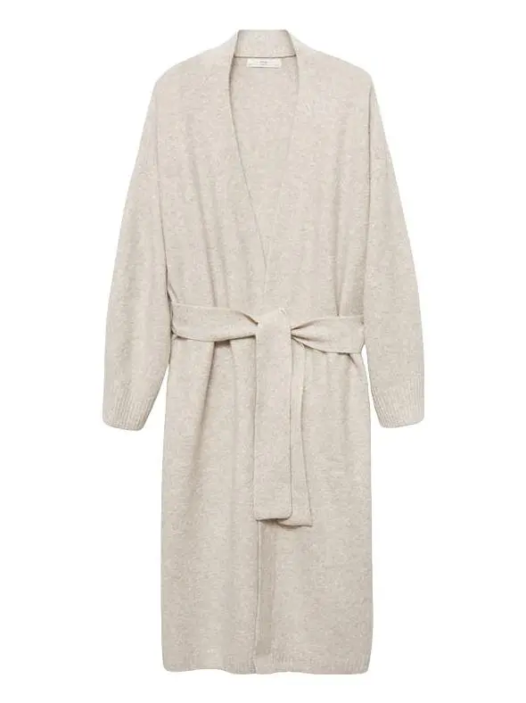 Mango Longline Tie Belt Cardigan - Light Beige