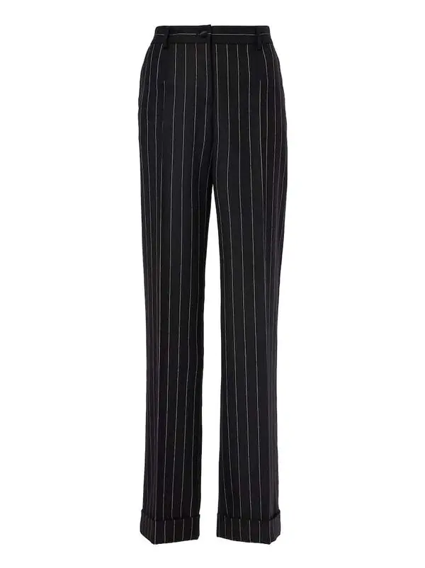 Dolce & Gabbana Striped Wool Straight Leg Trousers - Black