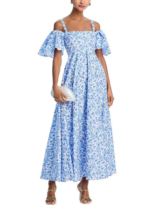 Aqua Off-the-shoulder Cotton Maxi Dress - Blue Rose
