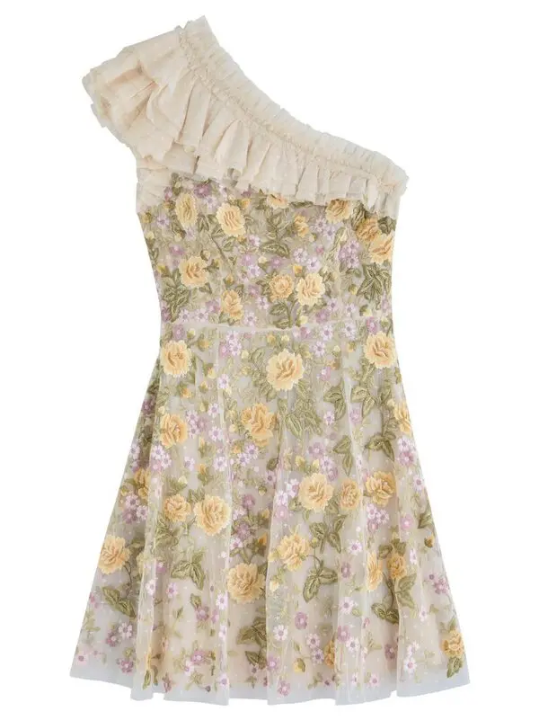 NEEDLE & THREAD Florine One-shoulder Mini Dress - Cream