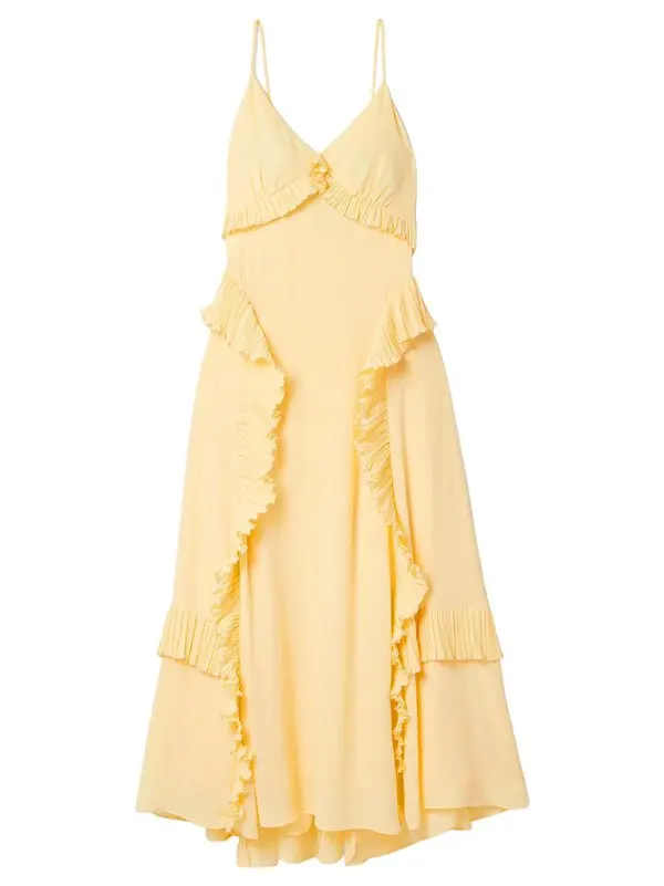 Sea Delilah Ruffled Plissé-trimmed Crepe De Chine Midi Dress - Yellow