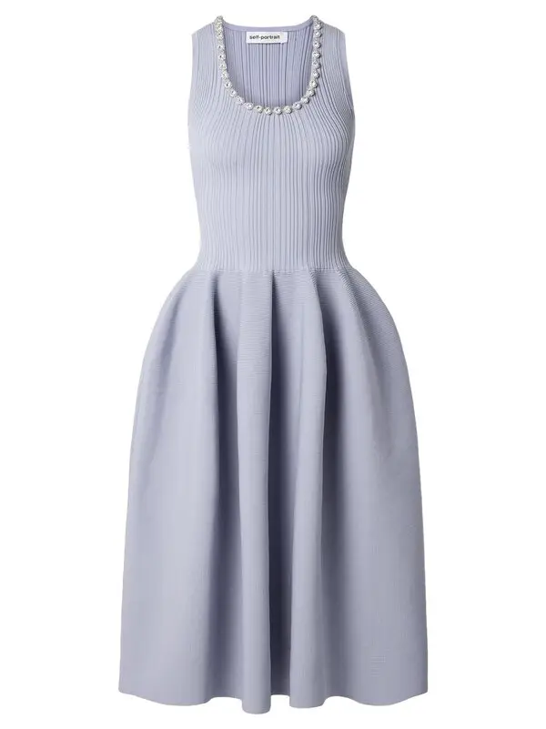 SELF-PORTRAIT Crystal-embellished Ribbed Midi Dress - Blue