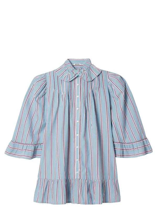 BODE Ruffled Embroidered Striped Mini Shirt Dress - Blue