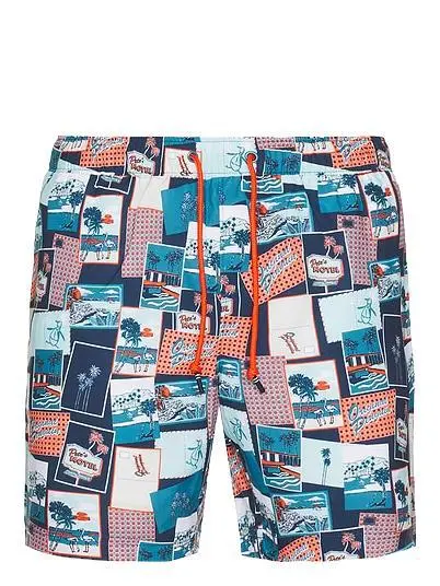ORIGINAL PENGUIN 7 Volley All Over Print Postcard Swim Trunk - Blue Wing Teal