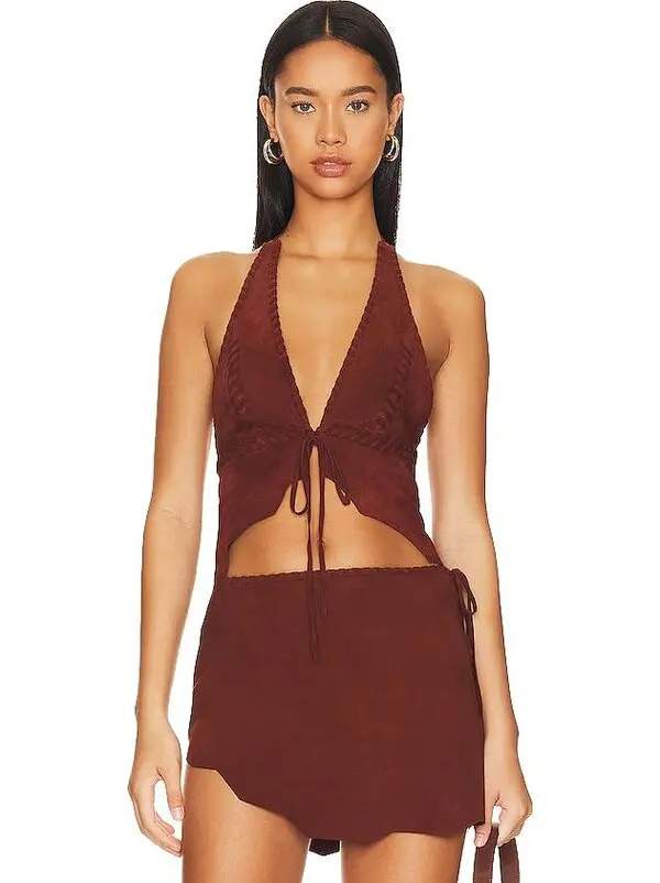 LOVERS AND FRIENDS Suede Halterneck Top With Front Tie - Red