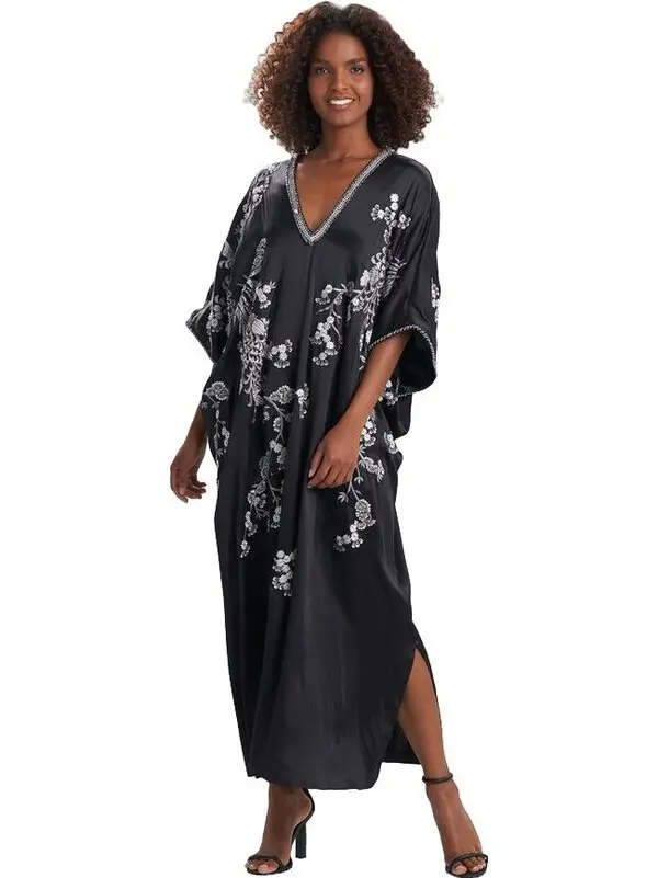Natori Couture Silk Embroidered Caftan - Black
