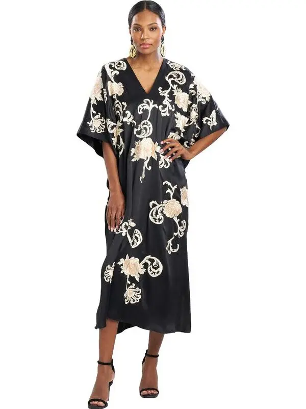 Natori Key Essentials Embroidered Floral Silk Caftan - Black